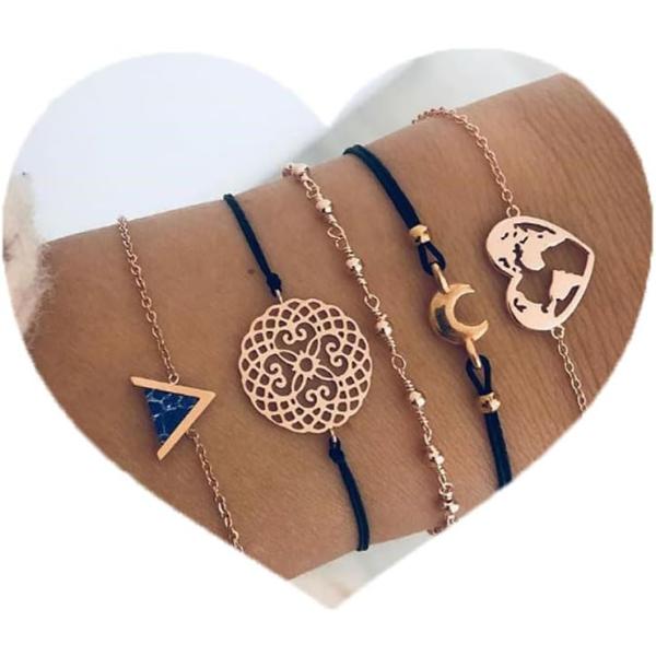 商品名Aluinn ラブハートブレスレット ボーホーロープブレスレット ファッション ゴールド ムーンハンド カテナリー フラワーチェーンブレスレット ジュエリー レディース ティーン ガールズAluinn Love Heart Brace...