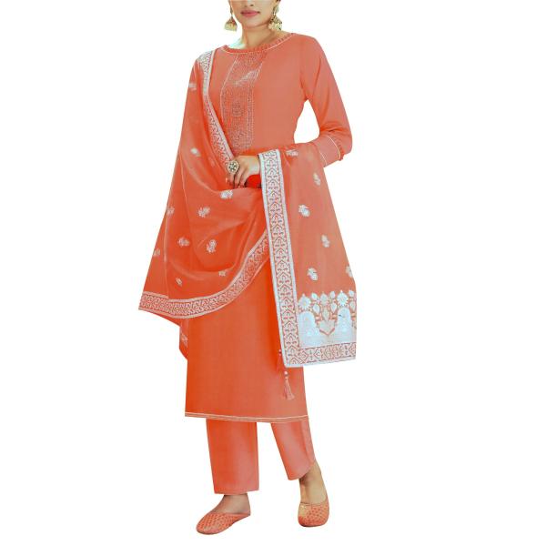 商品名:  ladyline Plain Cotton Salwar Kameez Neck Embroidered with Fancy Jacquard Dupatta Suit for Womens (XL/Orange/44)ブラン...