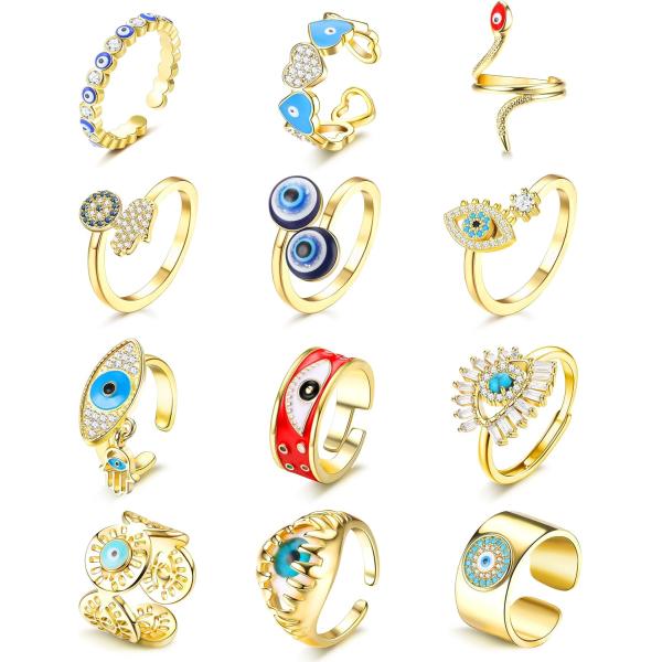 商品名Sanfenly イーブルアイリング 12個 シルバーゴールドメッキ 調節可能なラップオープンリング レディース メンズ, 金属, キュービックジルコニアSanfenly 12PCS Evil Eye Rings for Women ...