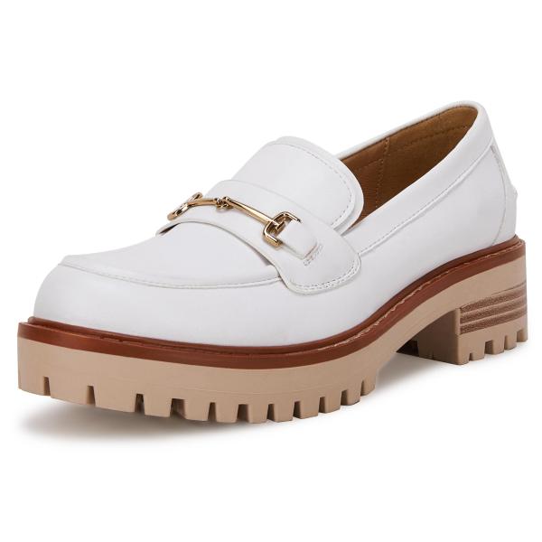 商品名:  Womens Lug Sole Platform Mid Chunky Heel Loafers Classic Round Toe Slip On Office Uniform Oxfords Shoes with Metal...