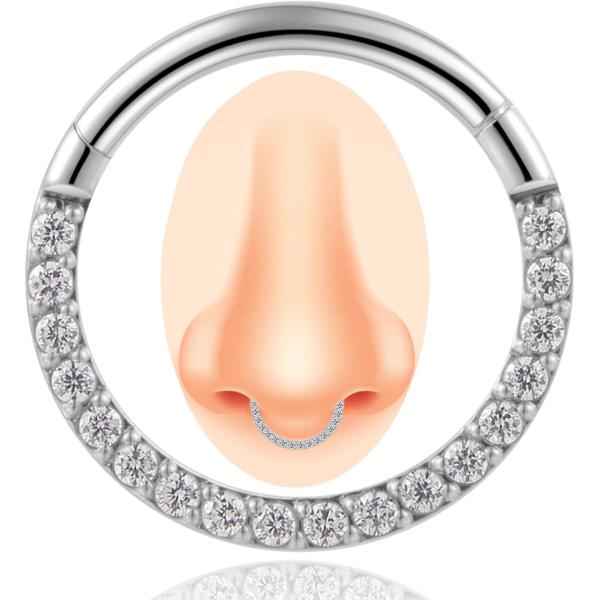 商品名16G 14G サージカルスチール セプタムリング ダイスピアス ジュエリー:ヒンジ付きセグメント セプタムクリッカー グレード3Aキュービックジルコニア パヴェ 直径6mm 7mm 8mm 9mm 10mm - ストーンカラー:ホワ...