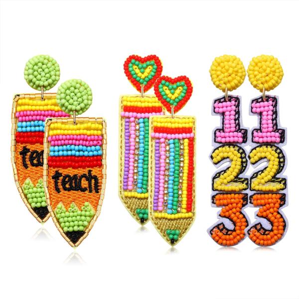 商品名HZEYN ビーズ教師用イヤリング 3組 レディース ハンドメイド ビーズペンシル ABC ダングルイヤリング 新学期 ジュエリー 教育者 教師 感謝のギフト, ビーズ, 知らないHZEYN 3 Pairs Beaded Teache...