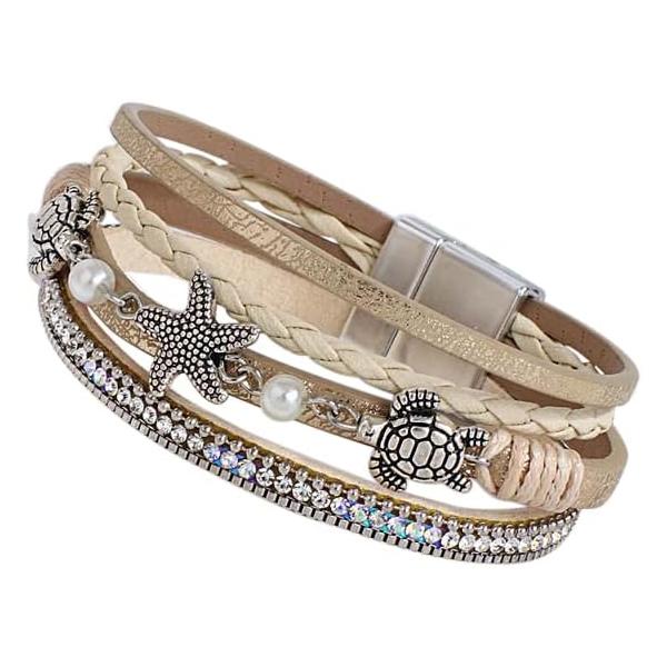 商品名The Crafty フクロウ レザー ラインストーン マルチレイヤー ボーホー ブレスレット カメと貝殻付き, M, レザーThe Crafty Owl Leather Rhinestone Multilayers Boho Bra...