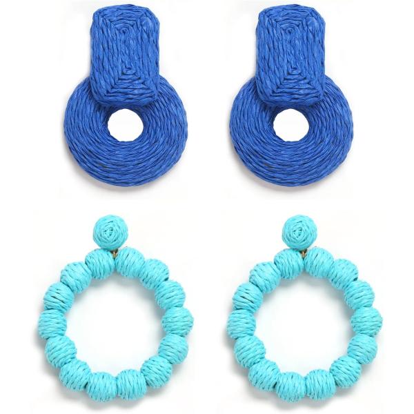 商品名MOROYA ラタンイヤリング 2ペア ハンドメイド ブレイドストロー ラフィアボール フープ ダングルイヤリング レディース 夏 ビーチ ボーホーイヤリングセット ボヘミアンステートメントジュエリー, 金属, ステンレススチールMO...