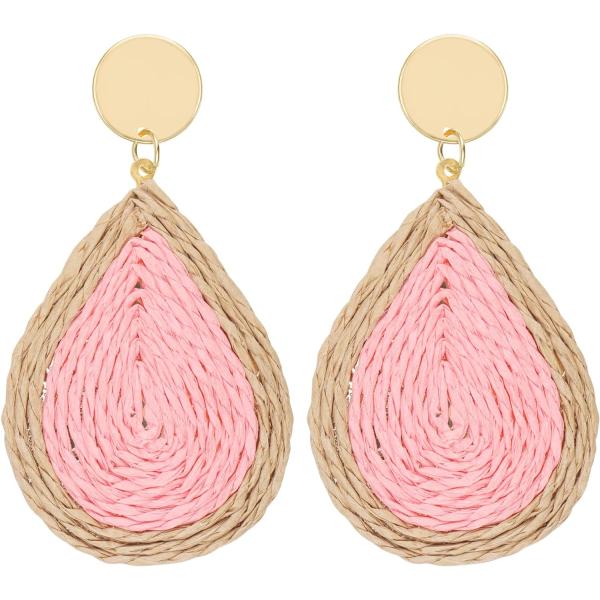 商品名Dangle Raffia Earrings Jewelry for Women, Boho Statement Pink Handmade Unique Summer Tropical Straw Woven Tear Drop E...