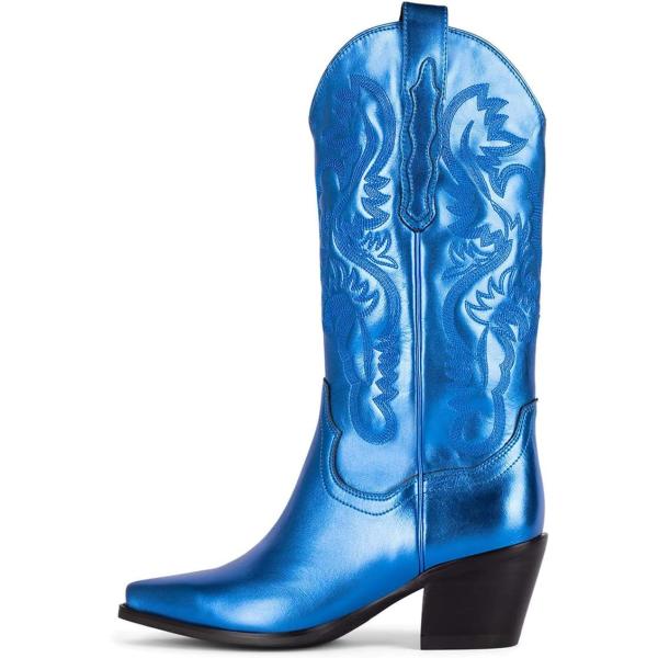 商品名Goolita Pointed Toe Metallic Embroidery Western Cowboy Boots For Women Chunky Heel Slip On Knee High Boots Wide Calf ...