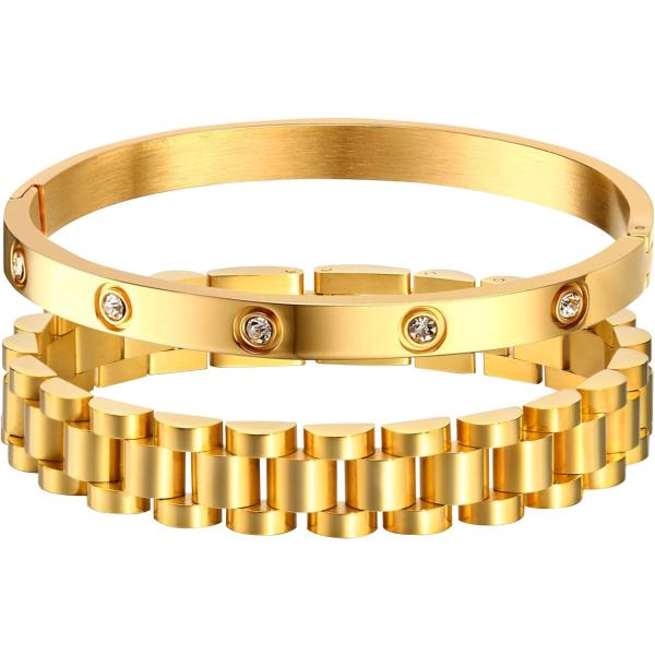 商品名MPRAINBOW 2pcs Gold Chain Link Bracelet - Stainless Steel Love Cubic Zirconia Crystal Friendship Bracelet Bangle,Watc...