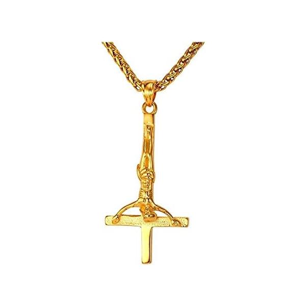 商品名THANG86682 Inverted Cross Necklace Men Gothic Satanic Jewelry Gold Color Stainless Steel Upside Down Cross Of St. Pet...