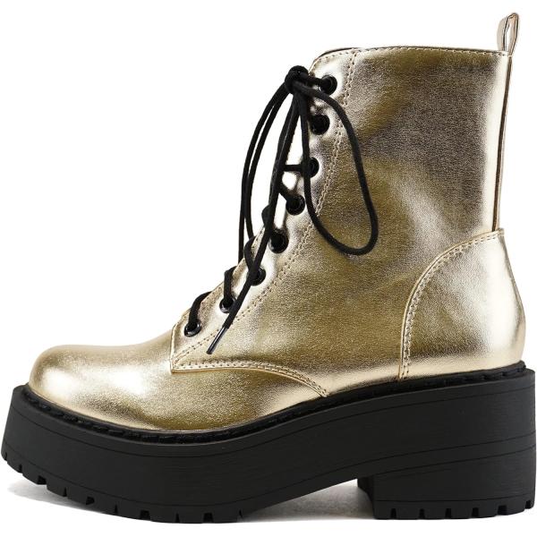 商品名Soda FLING Women Chunky Lug Sole Lace up Fashion Combat Ankle Boot w/Side Zipper (GOLD METALLIC PU, numeric_8_point_5...