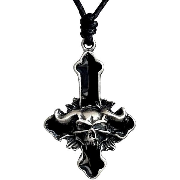 商品名反転逆逆逆さまゴシック ブラッククロス バフォメット ルシファー デビルズフェイス 悪魔 パンク ロック バイカー ジュエリー シルバー ピューター メンズ ペンダント ネックレス チャーム 保護 お守り ブラック 調節可能なコード付...