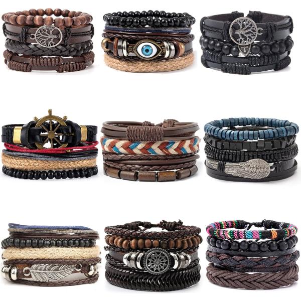 商品名FIRAZIO 編み込みレザーブレスレット メンズ レディース ラップウッドビーズ カフブレスレット 麻ひも エスニック トライバル ハンドメイド ラップリストバンド ブレスレットセット 調節可能 35個入り, レザー, キュービック...