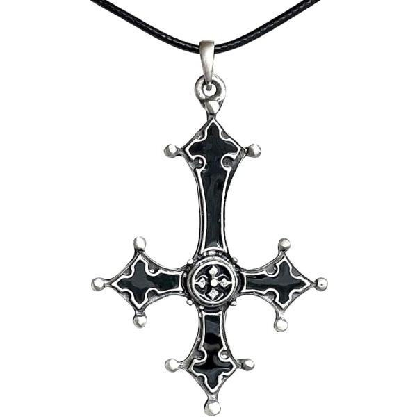 商品名ゴシック ジュエリー 逆さま 反転 聖ピータークロス ブラック パンク ロック バイカー ヘビーメタル ファッション 悪魔 保護 お守り シルバー ピューター メンズ ペンダント ネックレス ラッキーチャーム タリスマン ブラックレザ...