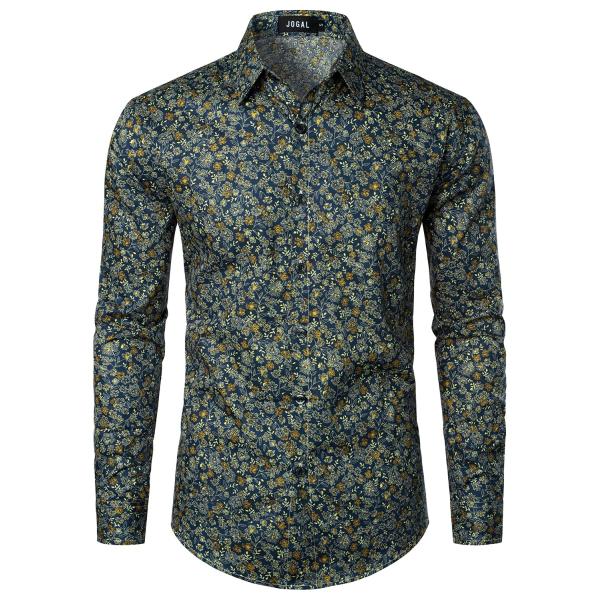 商品名: [Heywood] JOGAL - Camisa de vestir floral para hombre, manga larga, estampada, casual, con botones, Azul marino, am...