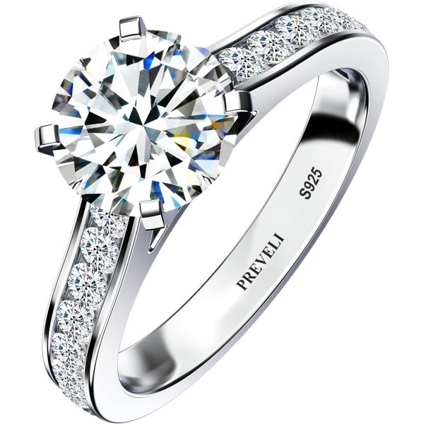 商品名PREVELI 925 スターリングシルバー 2.00 CT | 3.00 CT 模造ダイヤモンド ソリティア キュービックジルコニア チャネルセット ラウンド エンゲージリング | プロミスリング 女性用, 貴金属, 3カラットPR...