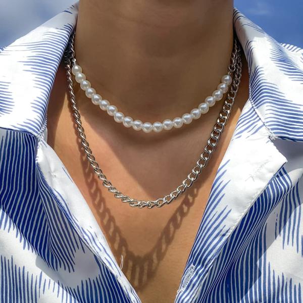 商品名YERTTER メンズ シルバー 2層チャンキーチェーン ハーフパール フラットチェーン チョーカー グランジ 太いチェーン チョーカー ネックレス メンズYERTTER Men Silver 2 Layered Chunky Cha...