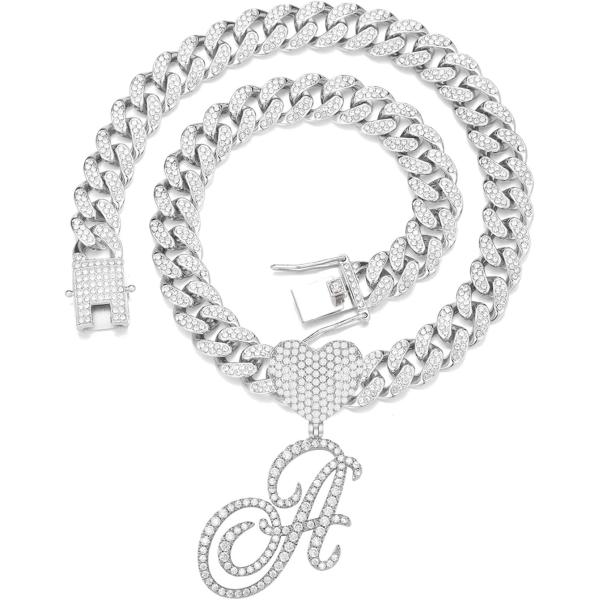 商品名シルバーキューバリンクチェーン レディース メンズ イニシャルネックレス アイスアウトチェーン ハートレターペンダント カスタムチェーン ネームブリングネックレス レディース ヒップホップジュエリーギフト, キュービックジルコニア, ...