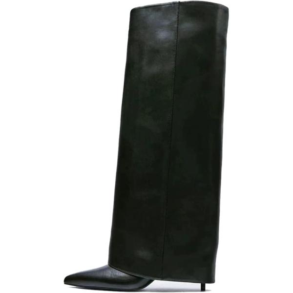 商品名Goolita Women's Stiletto Heel Knee High Boots Pointed Toe Slip On Fold Over Boots For Women Sewing Leather Comfy Dres...