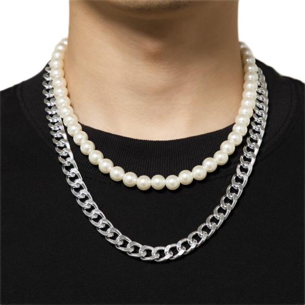 商品名YERTTER パールチェーン シルバー メンズ パンク チャンキーチェーン チョーカー 厚手 ビッグフラットチョーカー カラー 調節可能なステートメントカラー ネックレス メンズ E-ボーイズ 2個セットYERTTER Set of...