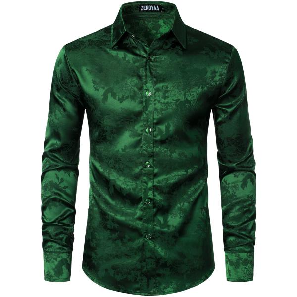 商品名:  ZEROYAA Men's Shiny Satin Rose Floral Jacquard Long Sleeve Button Up Dress Shirts for Party Prom ZLCL26 Emerald La...