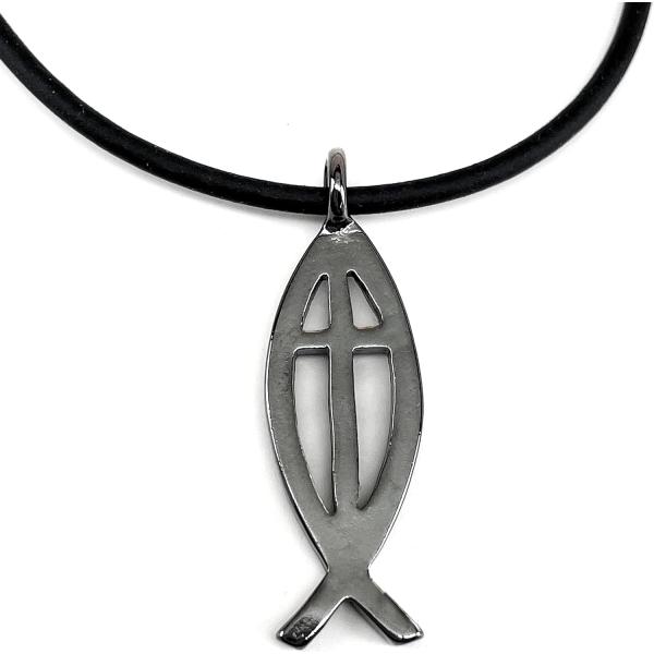 商品名FORGIVEN JEWELRY Jesus Fish Large Ichthus Cross Dark Metal Finish Pendant Black Rubber Necklaceブランド：FORGIVEN JEWELRY商...