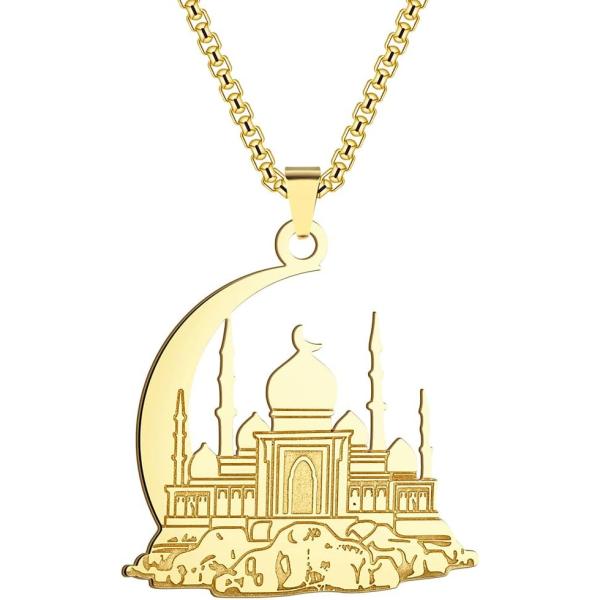 商品名Chereda Mosque 三日月ペンダントネックレス レディース メンズ イスラム教ジュエリー 316L ステンレススチール イスラム教ネックレス, ステンレス鋼, 宝石なし。Chereda Mosque With Crescen...