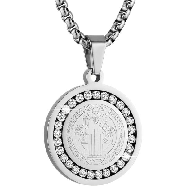 商品名HZMAN 聖ベネディクト エクソシズム ネックレス ステンレススチール ジルコン ゴールド シルバー カトリック クロスペンダント メンズ レディース ジュエリーギフト, ステンレス鋼, キュービックジルコニアHZMAN St. B...