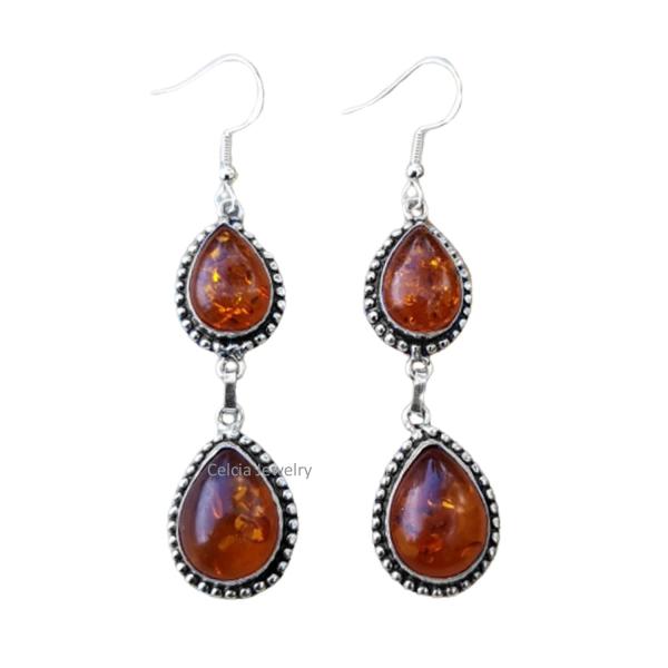 商品名Pure 925 Sterling Silver Dangle Drop Earrings for Women, Genuine Baltic Amber Cabochon Pear Multi Gemstone Amazing Ha...