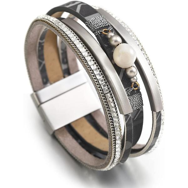 商品名抽象的なペイントされたレザーラップブレスレット 女性用 ラウンドパールチャームブレスレット メタルチューブビーズラインストーン装飾 ボーホーカフブレスレット ジュエリー レディース ガールズ 誕生日ギフト, レザー, 宝石なし。Pat...