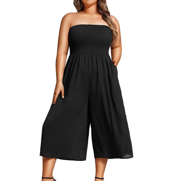 商品名:  Pinup Fashion Plus Size Jumpsuits Women Black Cover Ups Swimwear Casual Off Shoulder Strapless Wide Leg Smocked Ro...