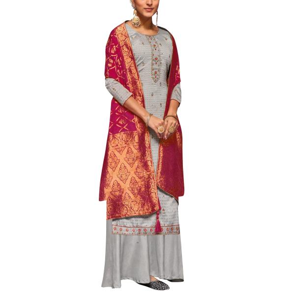商品名:  ladyline Silk Embroidered Salwar Kameez Suit with Banarasi Dupatta Palazzo Pant (L/Gray/42)ブランド: ladyline商品サイズ: La...