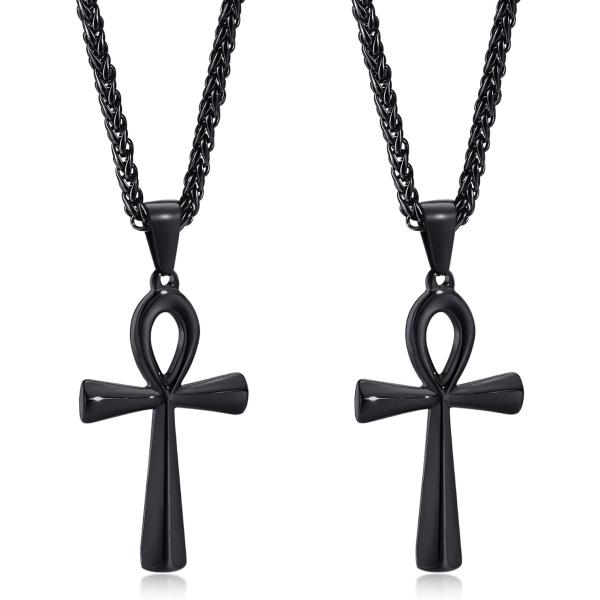 商品名MPRAINBOW 古代エジプトアンククロスネックレス - 2ピース アミュレットネックレス コプトアンククロスペンダント レディース メンズ ウィートチェーン 宗教ジュエリー ブラック/ゴールド/シルバー, 宝石なし。MPRAINB...