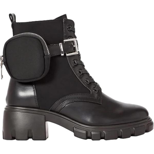 商品名JustFab Tanzi Lug Sole Booties for Women - Black Chunky Heeled Combat Boots, Faux Leather Platform Boots, Black Boots...