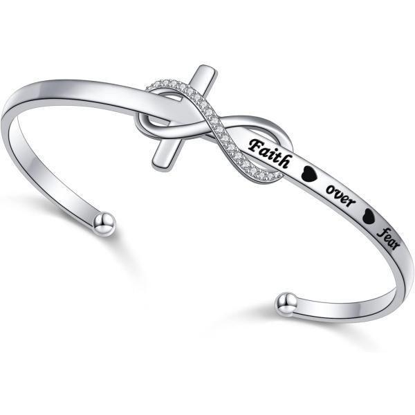 商品名925スターリングシルバー 永遠の神の愛 刻印 Faith Over Fear Heart クロスチャーム カフバングル ブレスレット 宗教的なギフト 女性 娘 ティーン ガールフレンドに, キュービックジルコニア925 Sterli...