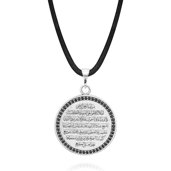 商品名TAKILINGO 925スターリングシルバー オリジナルレザーロープ アラビア語アヤトゥルクルシ文字 イスラム教 マイクロブラックジルコンストーン装飾 ハンドメイドネックレス ペンダント アクセサリー ジュエリー 祈りのネックレス,...