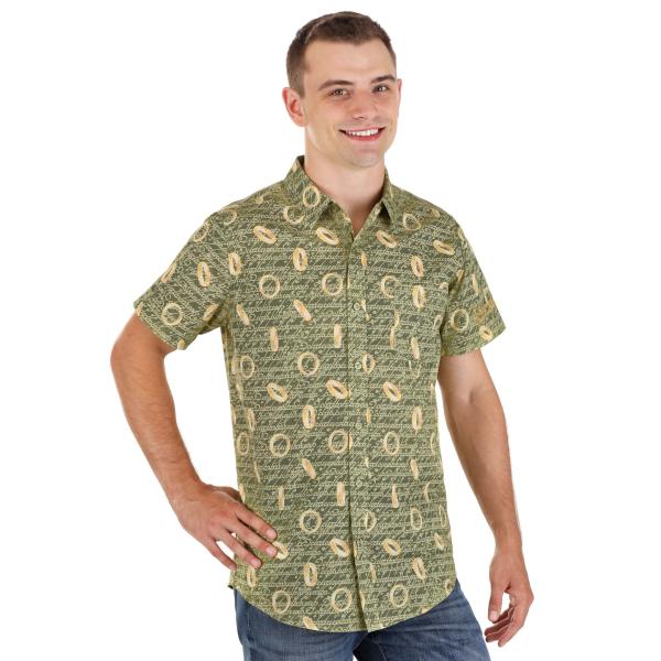 商品名:  Men's Lord of The Rings Dress Shirt: Mordor-Inspired, 100% Cotton, Golden One Ring Print, Button-Up with Embroider...