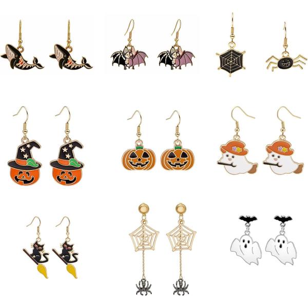 商品名2/6/9ペア ハロウィンイヤリングセット ハロウィンテーマ スタッドイヤリングセット ハロウィン 蜘蛛の巣 カボチャ ゴーストコウモリ ブー ハロウィン ドロップイヤリング レディース ガールズ, S, 金属, 宝石なし9 Pair...