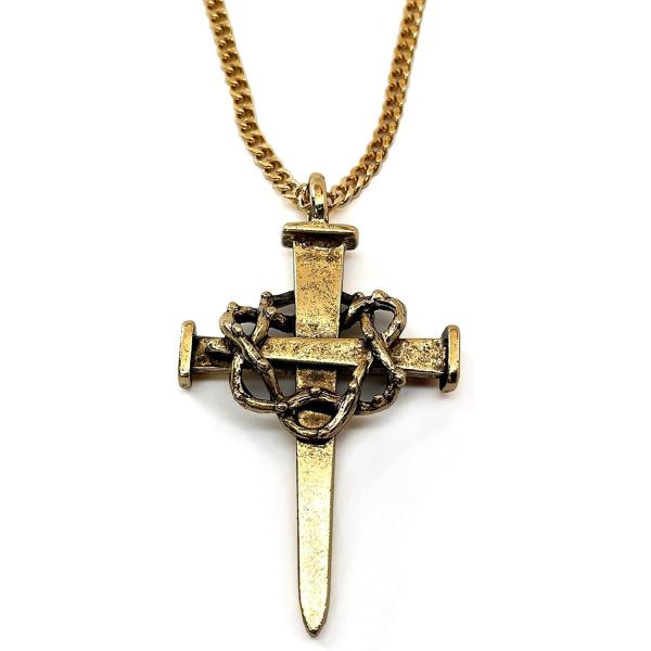 商品名FORGIVEN JEWELRY Nail Cross Crown of Thorns Large Mens Pewter Gold Metal Finish Pendant Curb Chain Necklaceブランド：FORGI...