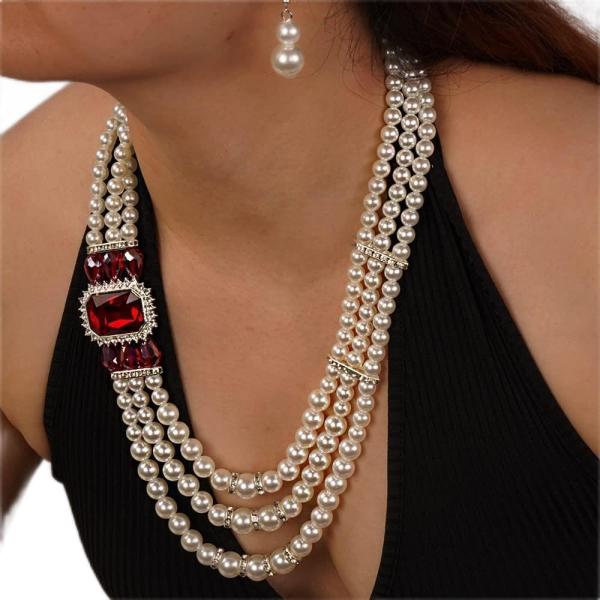 商品名Aimimier 1920年代 3連ホワイトフェイクパールネックレスとイヤリングセット レッドクリスタルとラインストーン付き ロングパールネックレス ステートメントレディースジュエリーAimimier 1920s 3-Strand W...
