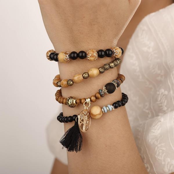 商品名YERTTER ボヘミアンレイヤードビーズツリーオブライフペンダント ブラックタッセル ストレッチ スタッカブルストランドブレスレット ビーズブレスレット ステートメントギフト レディース ガールズ (ブラック) 4個YERTTER ...