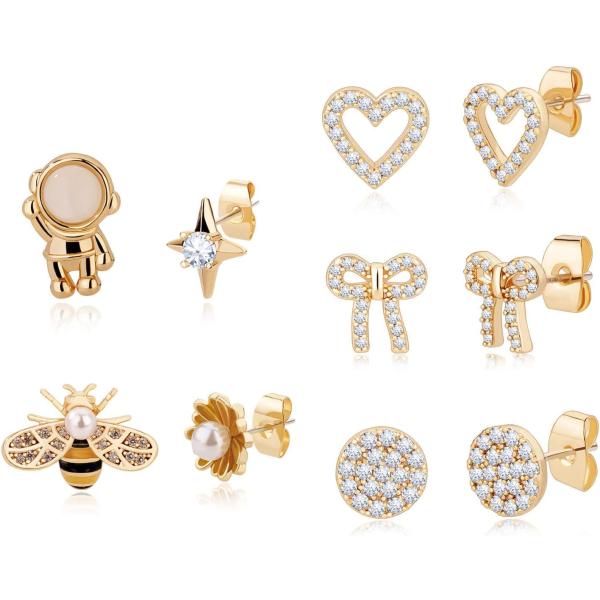 商品名VAtrract スタッドピアス5組セット S925スターリングシルバーポスト 低刺激性 キュービックジルコニア レディース ガールズ 宇宙人/蜂/ハート/ラウンド/蝶結びスタッドイヤリング 18Kゴールドメッキ, キュービックジルコ...