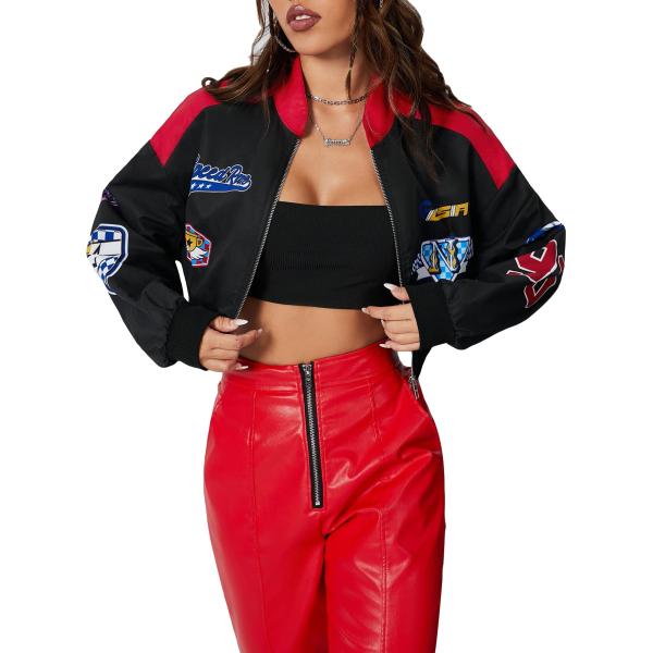 商品名:  WDIRARA Women's Colorblock Graphic Print Drop Shoulder Lightweight Crop Bomber Jacket Black and Red Sブランド: WDIRARA...