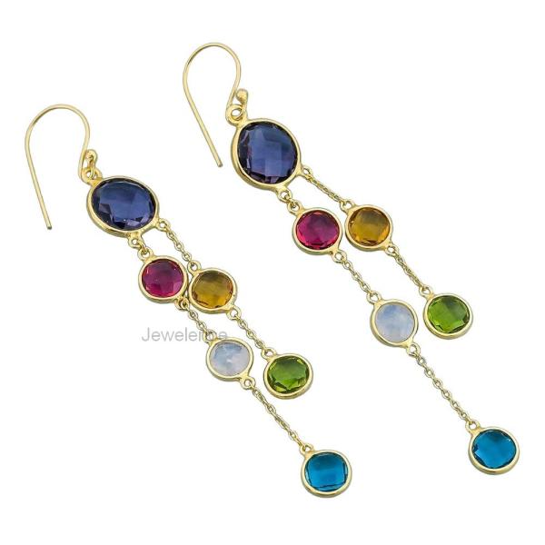 商品名Natural Multi Stone Earrings Minimalist Earrings Sterling Silver Dangle Drop Earrings Multi Gemstone 22K Yellow Gold ...