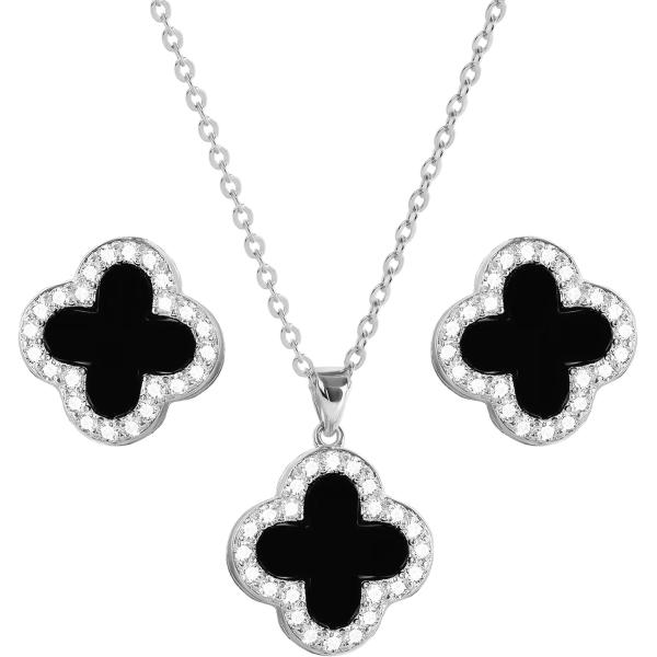 商品名Four Leaf Black Clover Necklace Earring Set for Women 18K Gold Plated Stainless Steel Crystal Pendant 4 Leaf Lucky Ea...