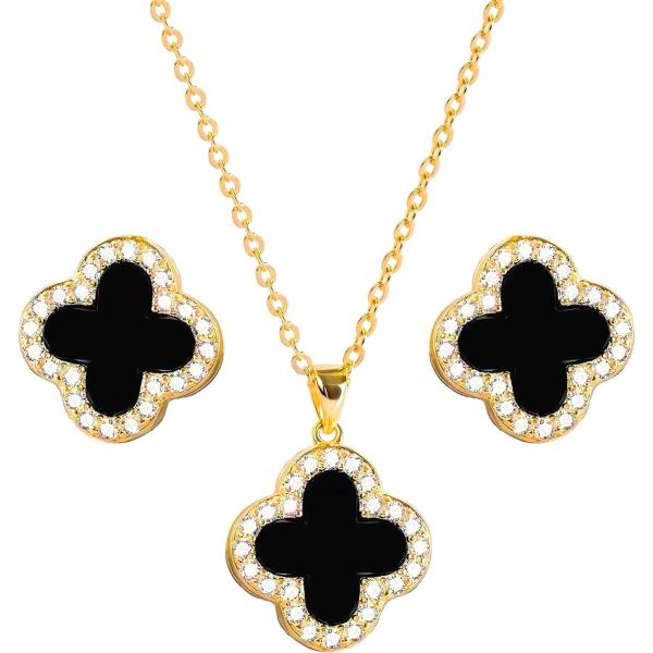 商品名Four Leaf Black Clover Necklace Earring Set for Women 18K Gold Plated Stainless Steel Crystal Pendant 4 Leaf Lucky Ea...