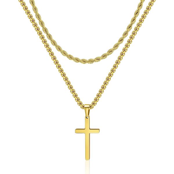 商品名クロスネックレス 男性用 レイヤーゴールド ブラック シルバー メンズクロスネックレス ステンレススチール クロスペンダント キューバンロープネックレス ジュエリーギフト クロスチェーンネックレス メンズ ボーイズ, ステンレス鋼, ...