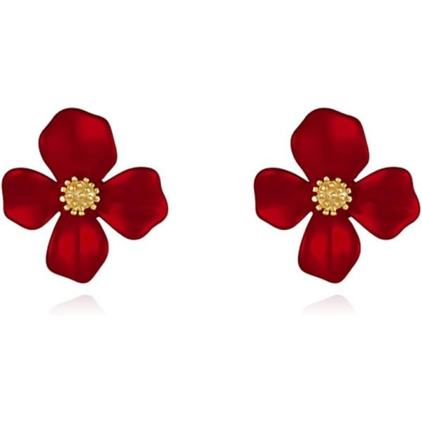 商品名XYAYOU レッドカラー 4つの花びら 花 ゴールデンステメン ブロッサム イヤースタッド 3D フラワースタッドピアス レディース ガールズ, 亜鉛, 宝石なし。XYAYOU Red Color Four Petals Flowe...