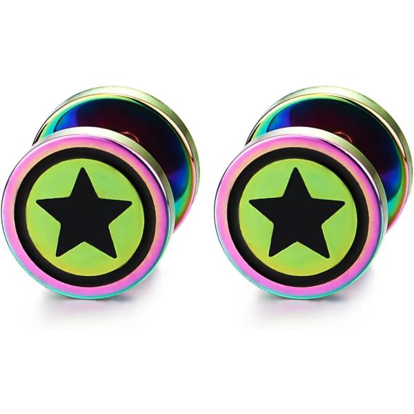 商品名メンズ レディース サークルスタースタッドピアス エナメル スチール チーター フェイクイヤープラグ ゲージ イリュージョントンネル, 合金鋼, 宝石なしMen Women Rainbow Colorful Circle Star S...