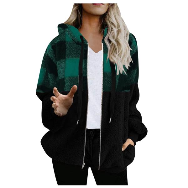 商品名:  2024 Winter Clothes for Women Plaid Full Zip Sherpa Hoodie Fuzzy Fleece Jacket Casual Open Front Jackets Pocket Co...