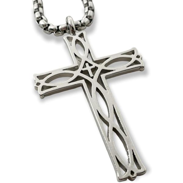 商品名FORGIVEN JEWELRY Cross Jesus Fish Ichthus Rhodium Metal Finish Pendant Stainless Steel Heavy Chain Necklaceブランド：FORGI...