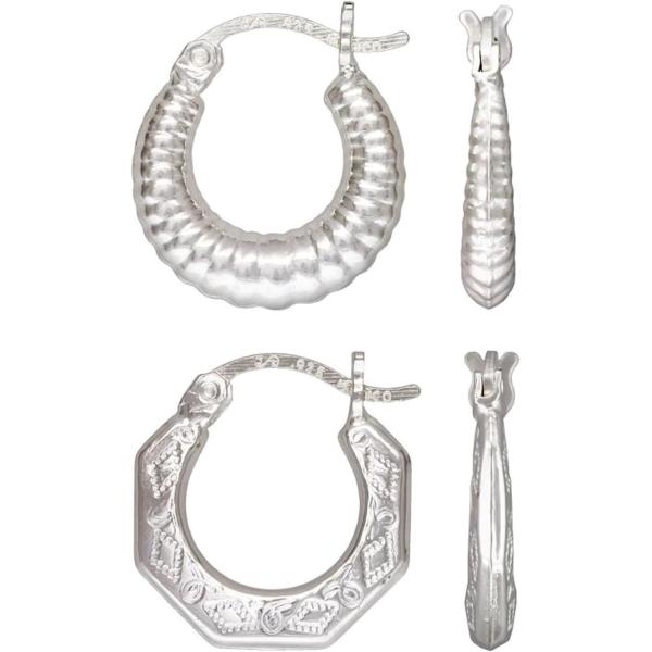 商品名2 Sets of .925 Sterling Silver Ladies Earrings - 15.0mm Scalloped Eurowire Hoop and 15.0mm Geometric Eurowire Hoop - ...